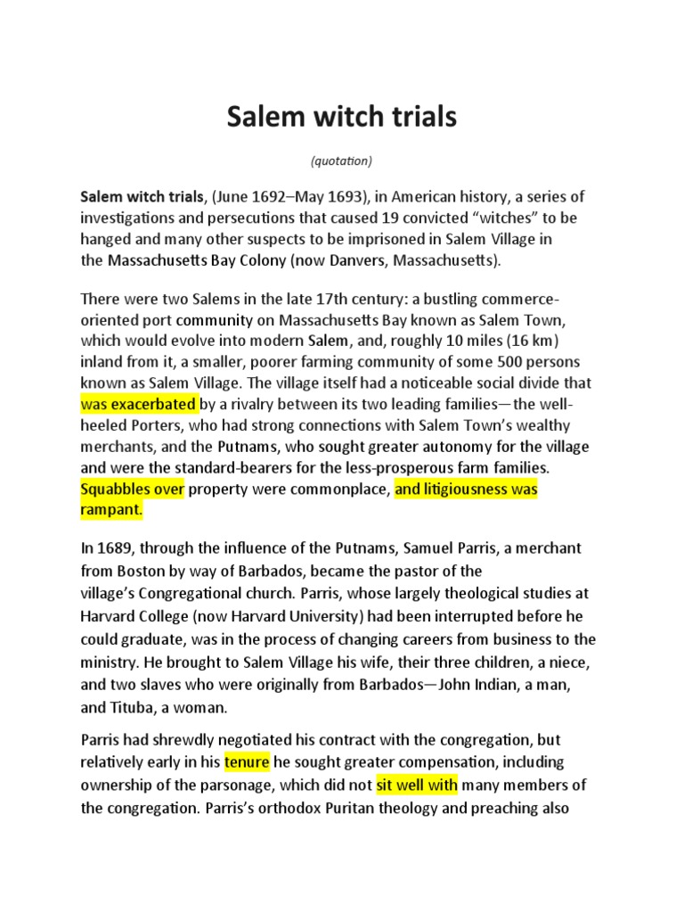 Salem Witch Trials, (June 1692-May 1693), in American History, A Series ...