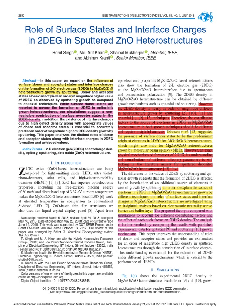 Role of Surface States and Interface Charges in 2deg in Sputtered Zno ...