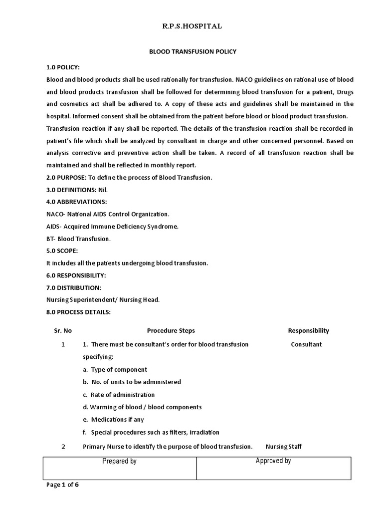 Blood Transfusion Policy | PDF | Blood Transfusion | Blood Type