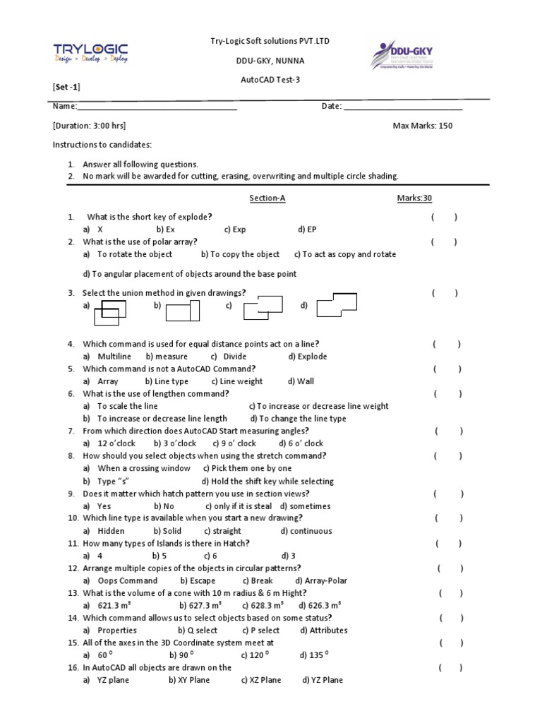 AutoCAD Practice Test 3 Questions | PDF | Cartesian Coordinate System ...