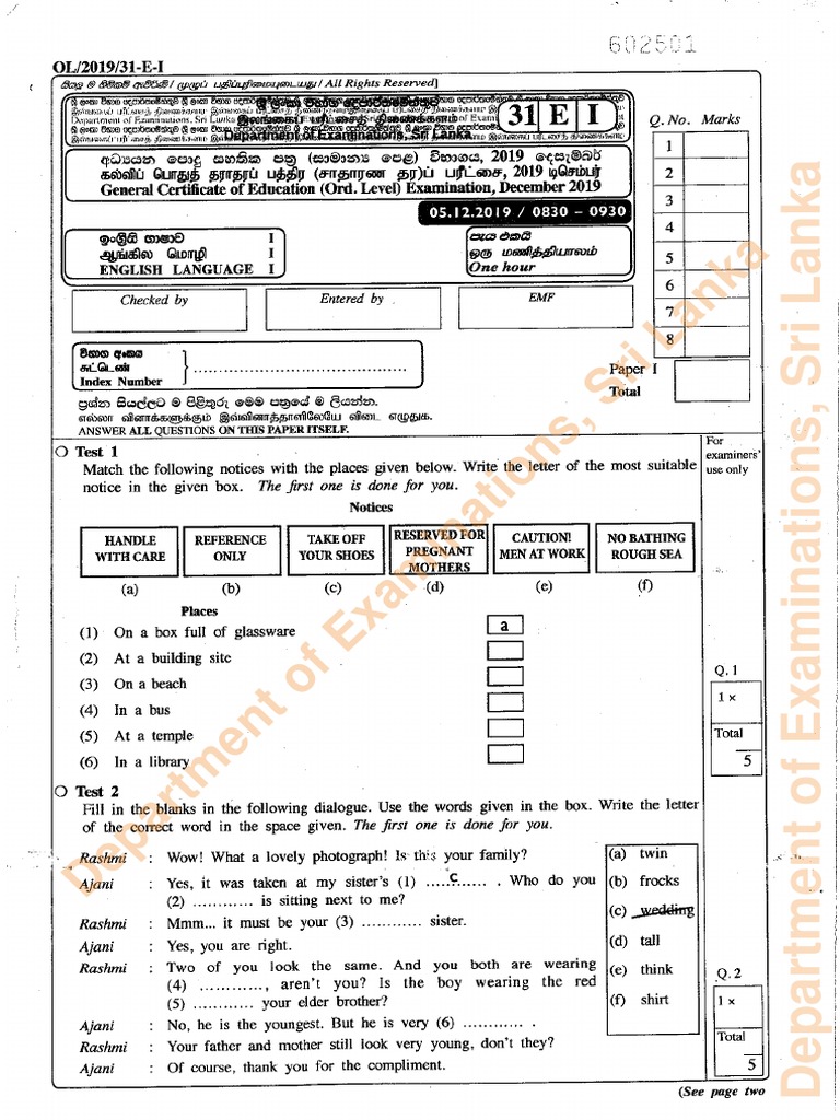 2019 Ordinary Level English Paper Sri Lanka - English Medium | PDF ...
