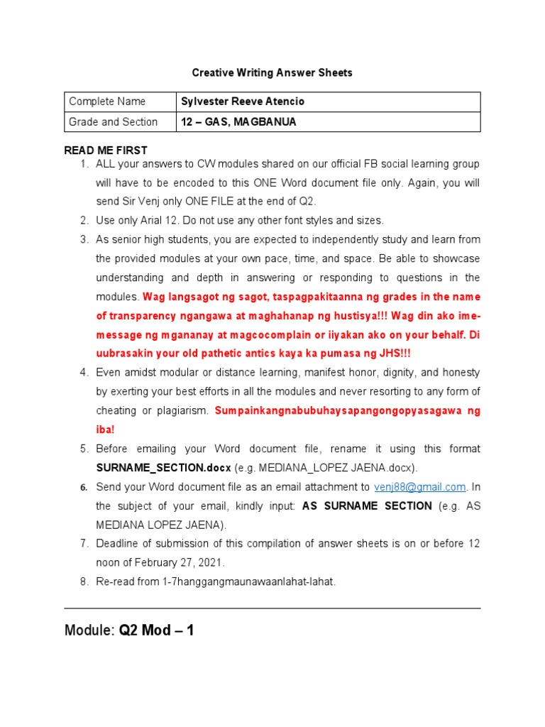 Creative Writing Answer Sheets Sylvester Reeve Atencio 12 - Gas ...