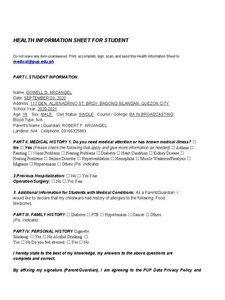 Health Information Sheet For Student | PDF