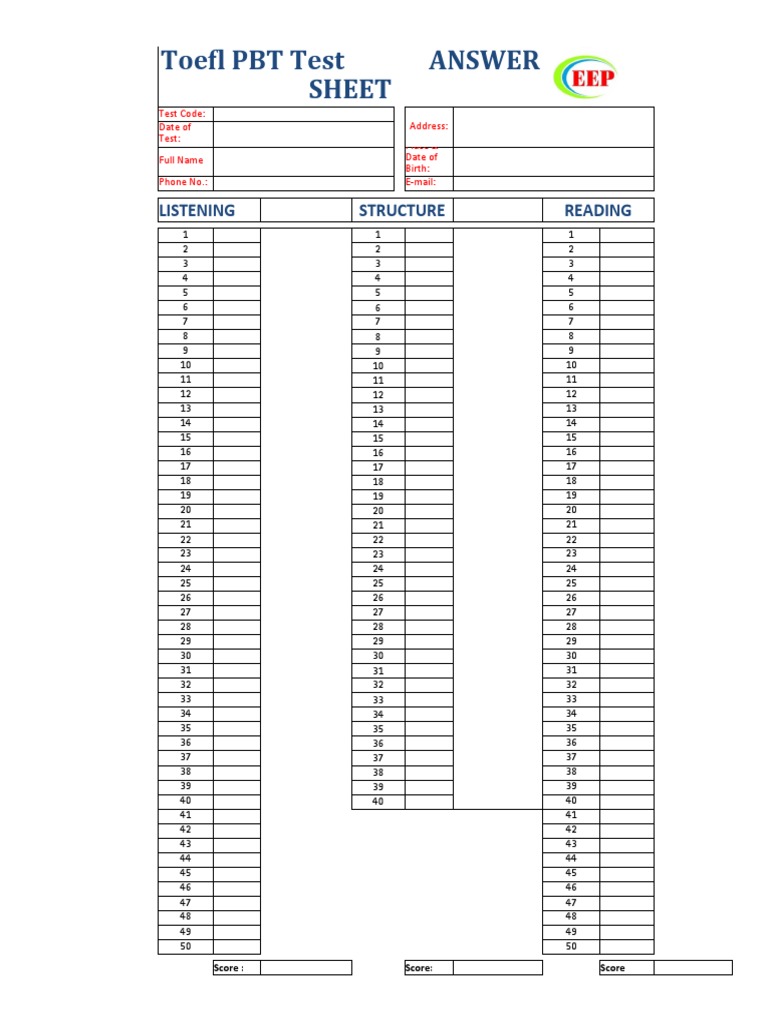 Toefl PBT Test Answer Sheet: Listening Structure Reading | PDF | Test ...