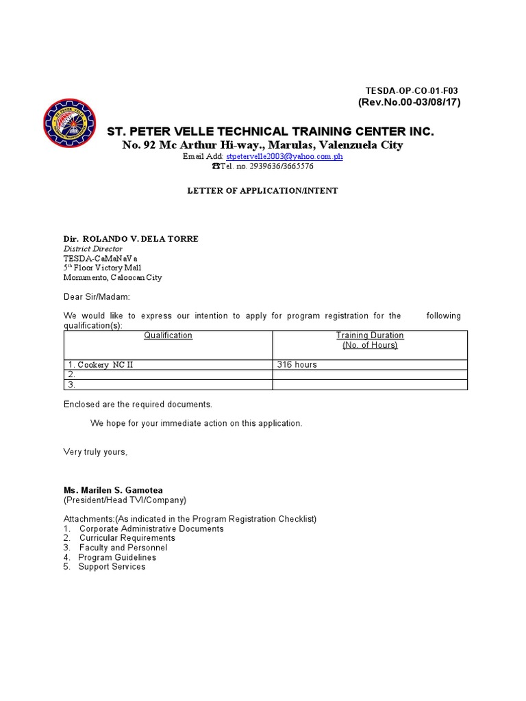 St. Peter Velle Technical Training Center Inc. No. 92 MC Arthur Hi-Way ...