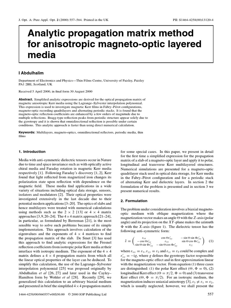 Analytic Propagation Matrix Method For Anisotropic Magneto-Optic ...