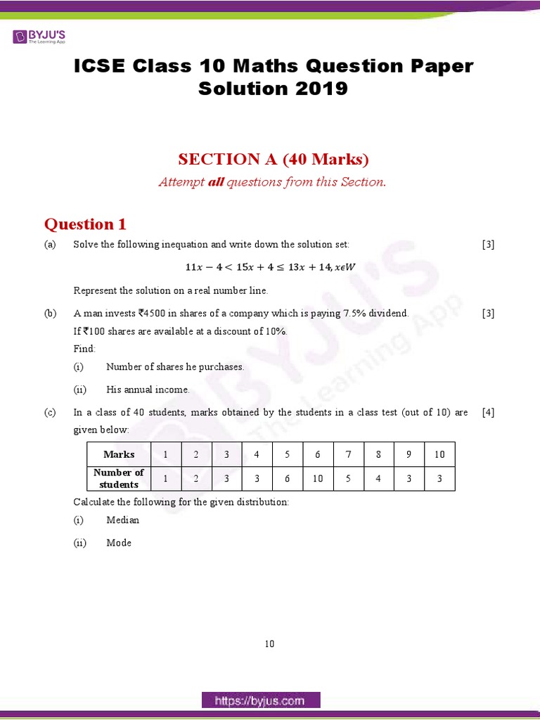 ICSE Class 10 Maths Question Paper Solution 2019 | PDF | Area | Matrix ...
