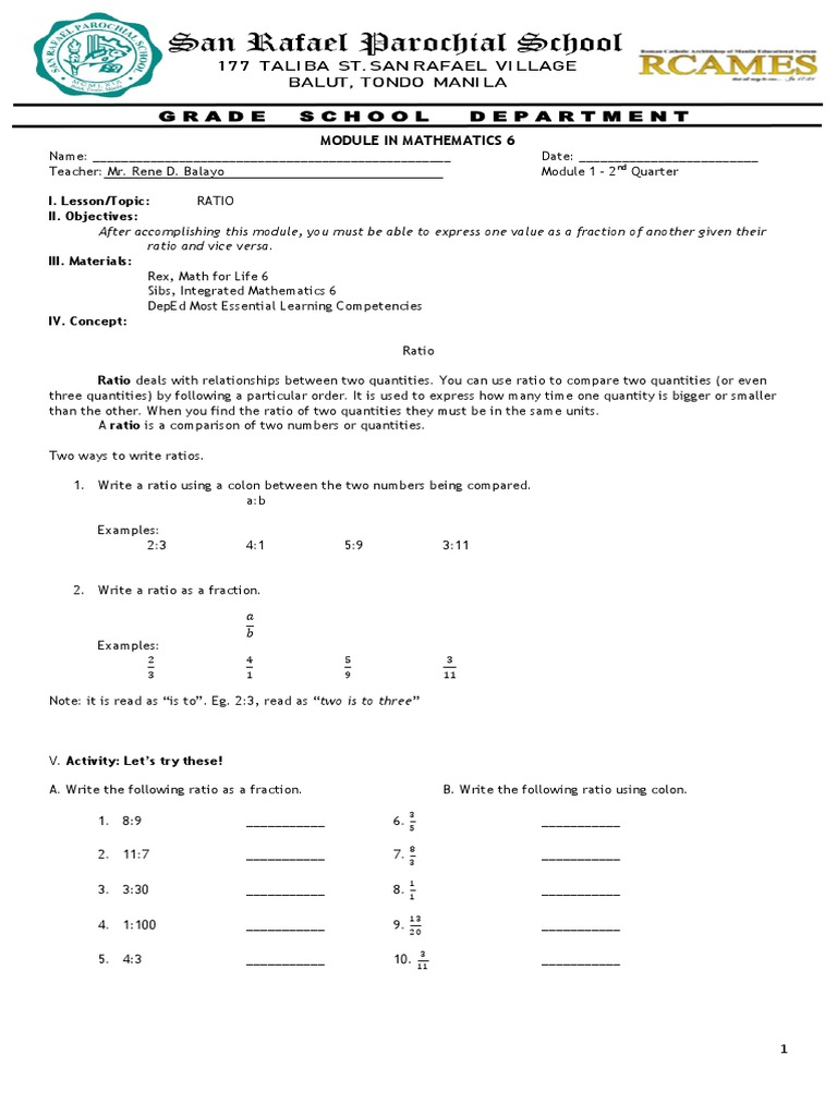 Module 1 Grade 6 Math 2nd Quarter | PDF | Ratio | Teaching Mathematics