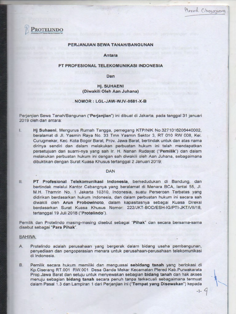 Perjanjian Sewa Tower Plered | PDF