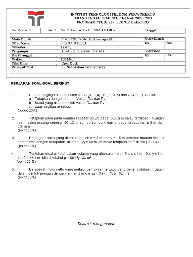 Soal UTS Medan Elektromagnetika ITT-TE2020 | PDF | Sains & Matematika