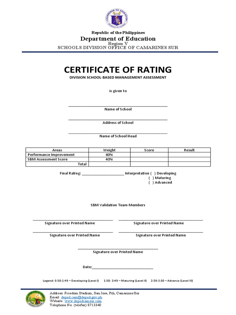 SBM Certificate of Rating | PDF