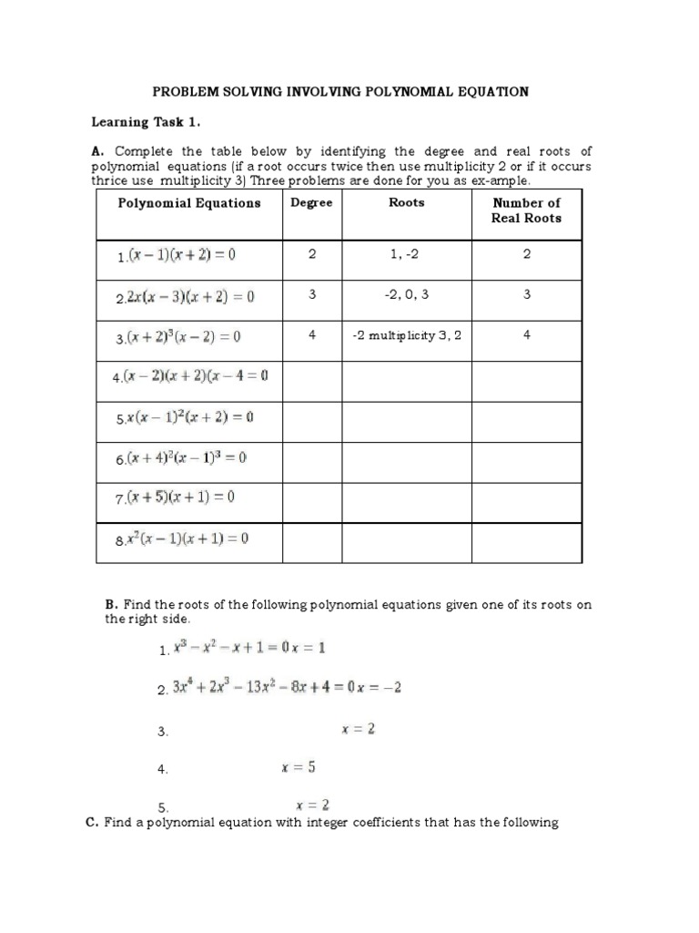 Problem Solving Involving Polynomial Equation Learning Task 1 | PDF ...