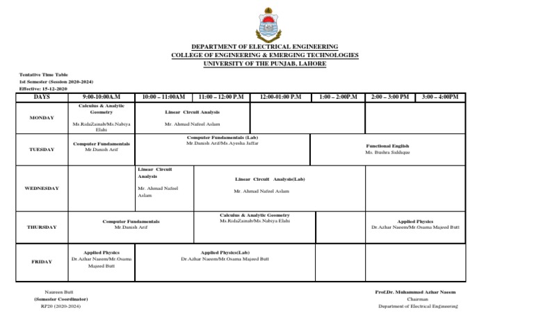 Modified Timetable 1st Semester - 2020 | PDF | Teaching Mathematics ...