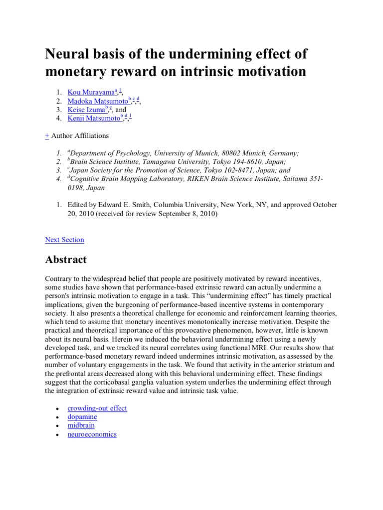 Neural Basis of The Undermining Effect of Monetary Reward On Intrinsic ...