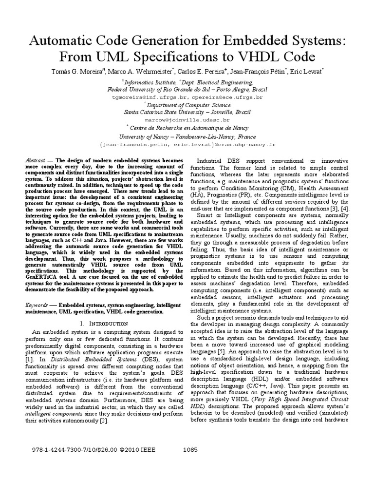 Automatic Code Generation For Embedded Systems From Uml Specifications To Vhdl Code Pdf