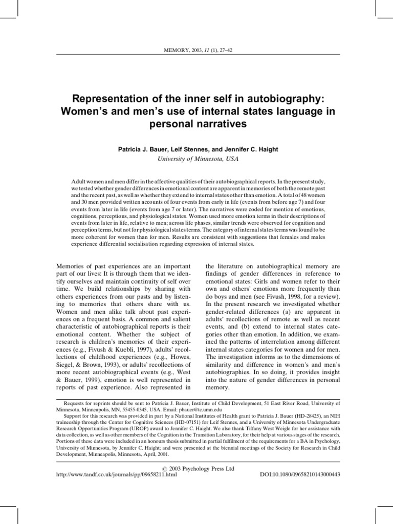 Representation of The Inner Self in Autobiography: Women's and Men's ...