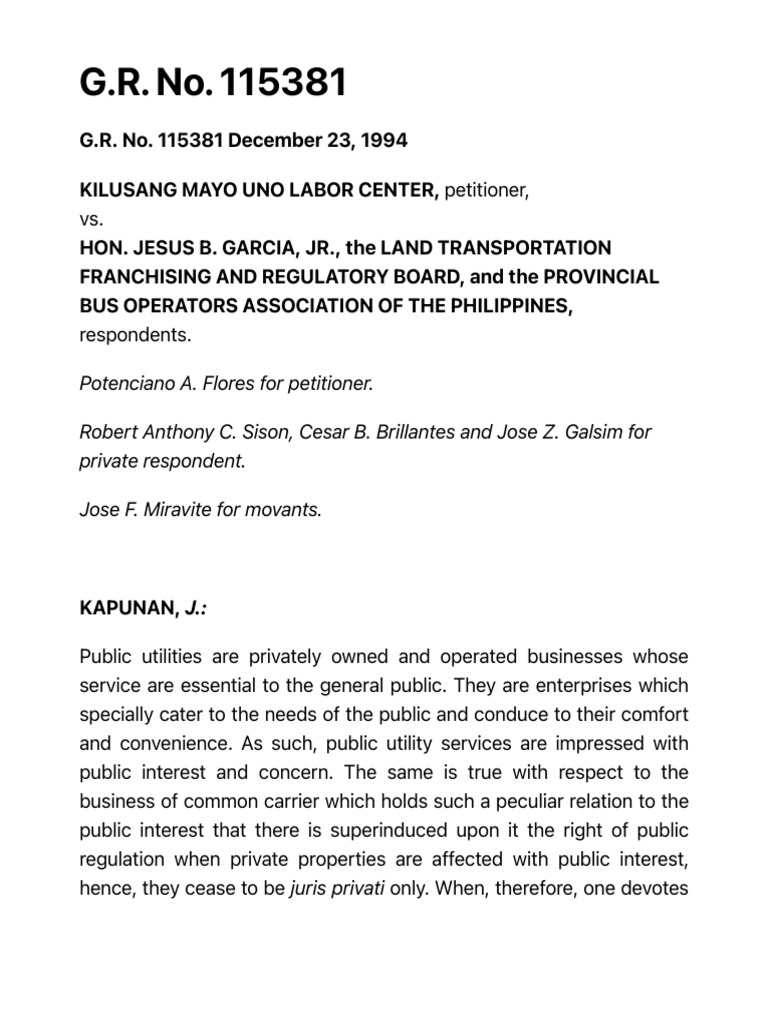 Kilusang Mayo Uno Vs Jesus Garcia - G.R. No. 115381 | PDF | Standing (Law) | Policy