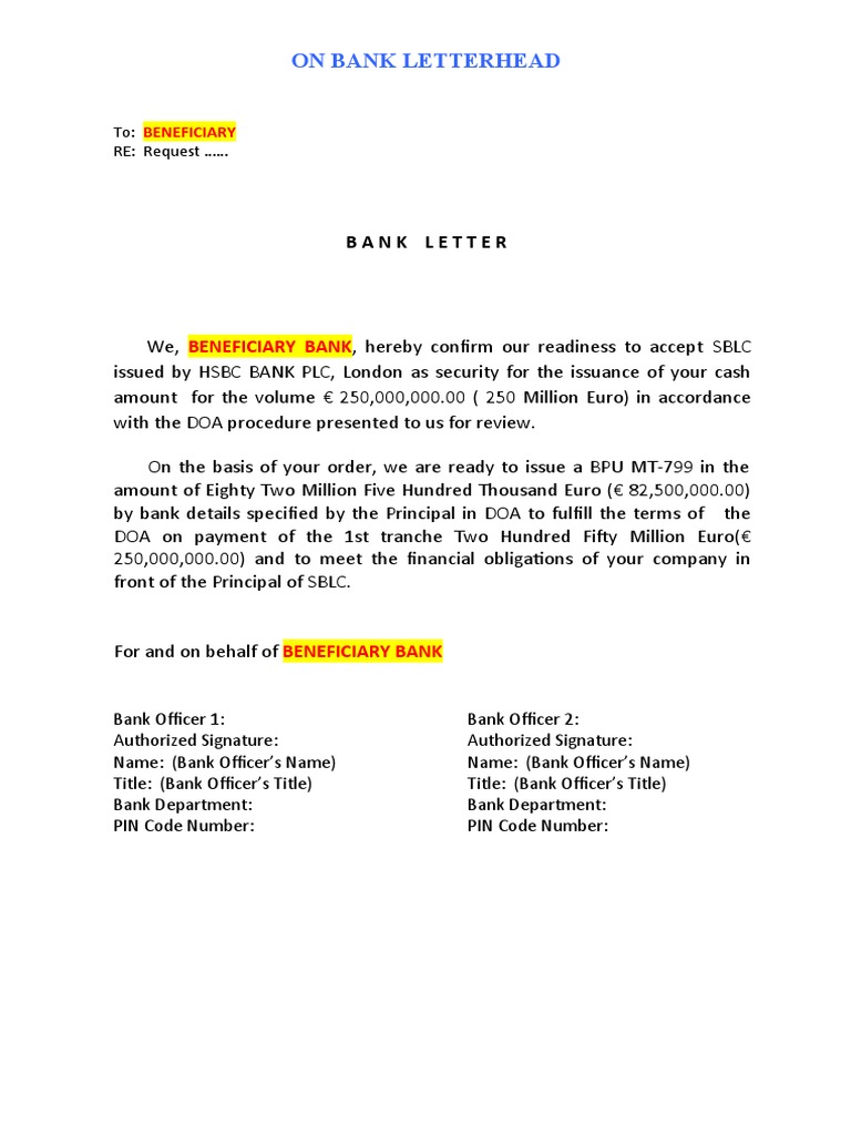 Bank Letter To Beneficiary - SBLC - CASH - UK Provider | PDF