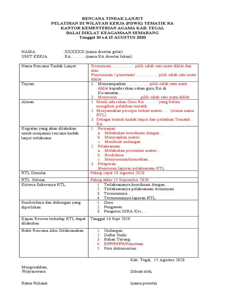 Laporan Rencana Tindak Lanjut (RTL) Diklat Calon Kepala, 59% OFF