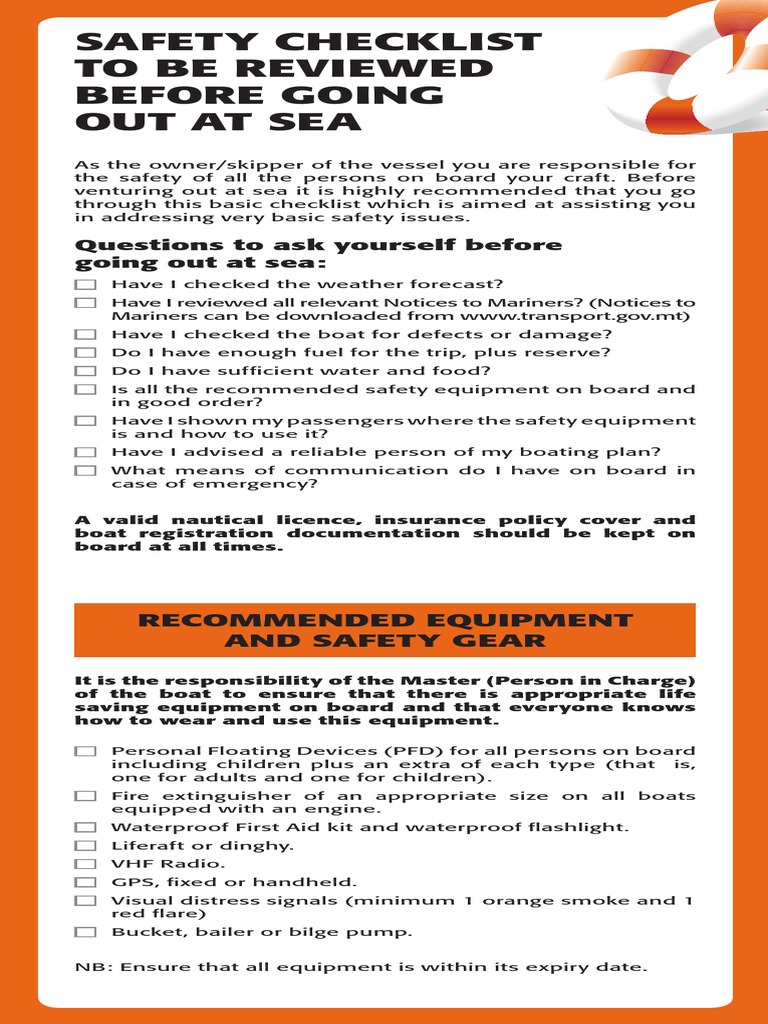 Safety Checklist To Be Reviewed Before Going Out at Sea | PDF | Water ...