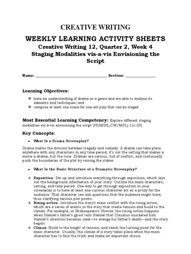 Creative Writing Weekly Learning Activity Sheets | PDF | Hamlet | Plot ...