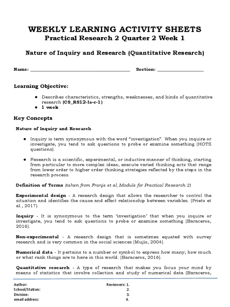 Weekly Learning Activity Sheets: Practical Research 2 Quarter 2 Week 1 ...