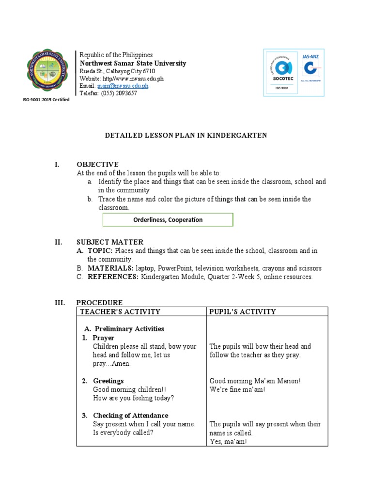 Task #5 Kindergarten Detailed LP | PDF