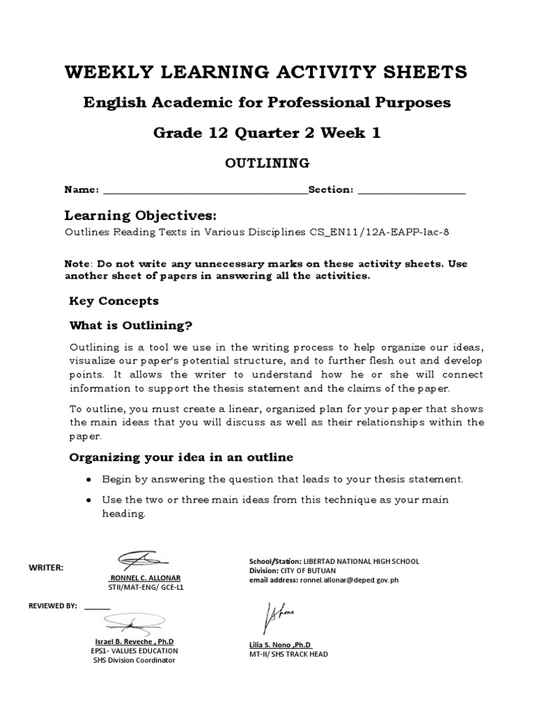 Weekly Learning Activity Sheets: English Academic For Professional ...