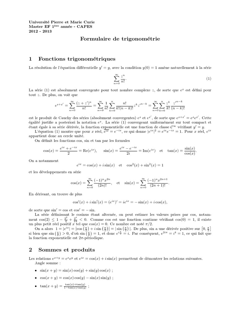 Formulaire Trigo | PDF | Fonction trigonométrique | Fonction exponentielle