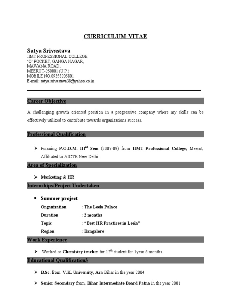 Curriculum-Vitae Satya Srivastava: Career Objective | PDF