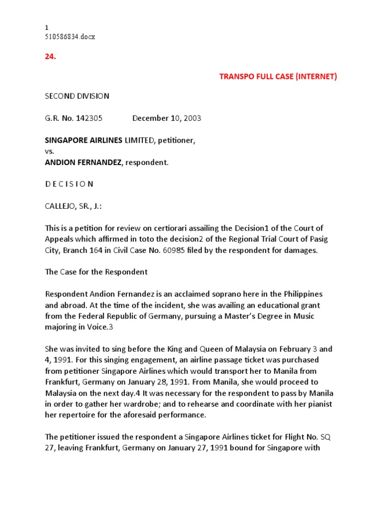 Singapore Airlines Vs Andion Fernandez | PDF | Airlines | Damages