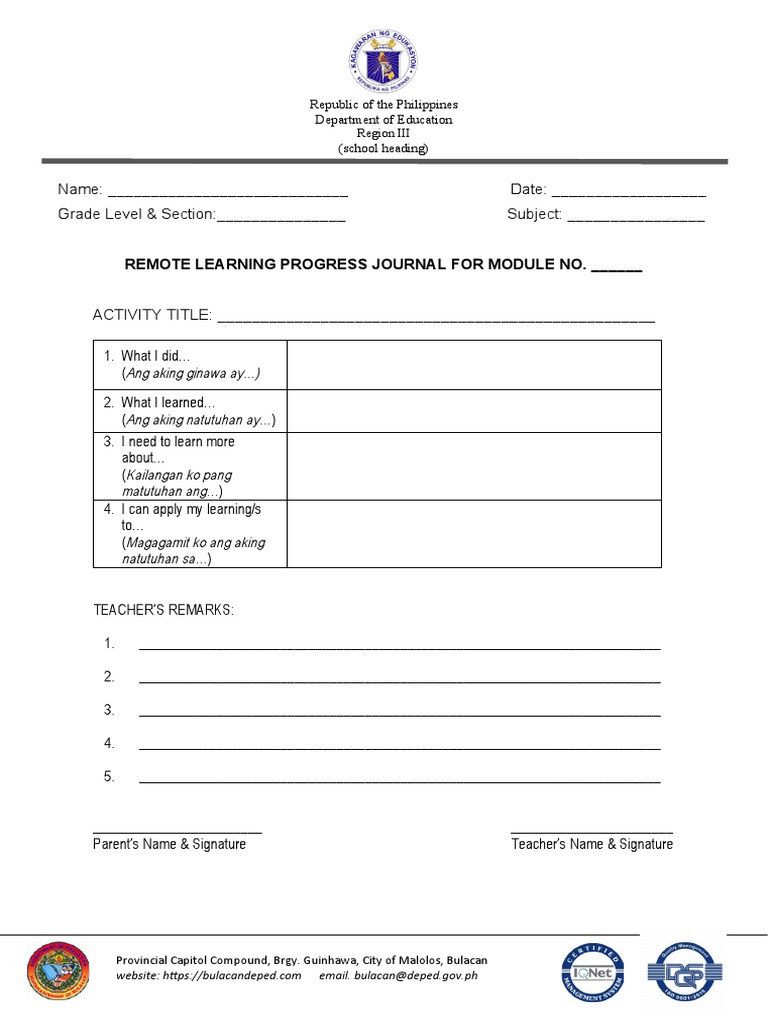 Remote Learning Progress Journal For Module No. | PDF