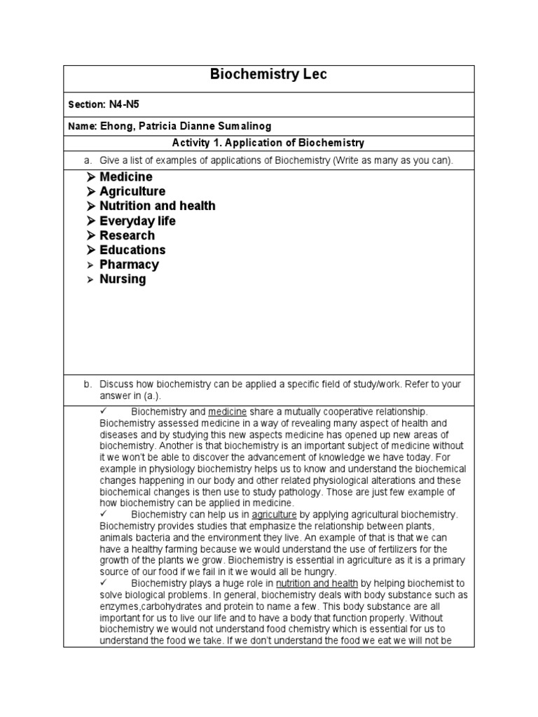 Biochem LEC-Activity 1 | PDF | Biochemistry | Chemistry