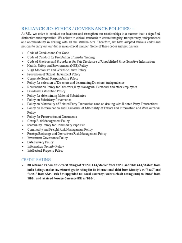 Reliance Jio Governance and Ethics Policies | PDF
