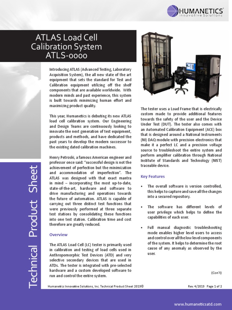 ATLAS Load Cell Calibration System ATLS-0000: Key Features | PDF ...