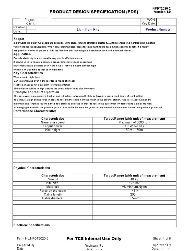 Product Design Specification (PDS) : Light From Kite Product Number | PDF | Kite | Specification ...
