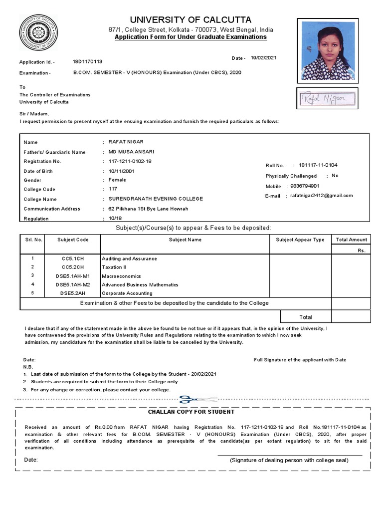 University of Calcutta: Application Form For Under Graduate ...