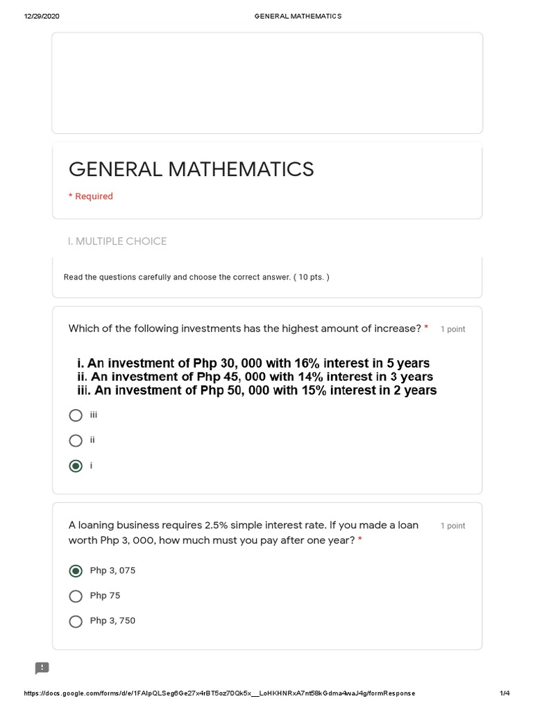 General Mathematics: I. Multiple Choice | PDF | Interest | Interest Rates