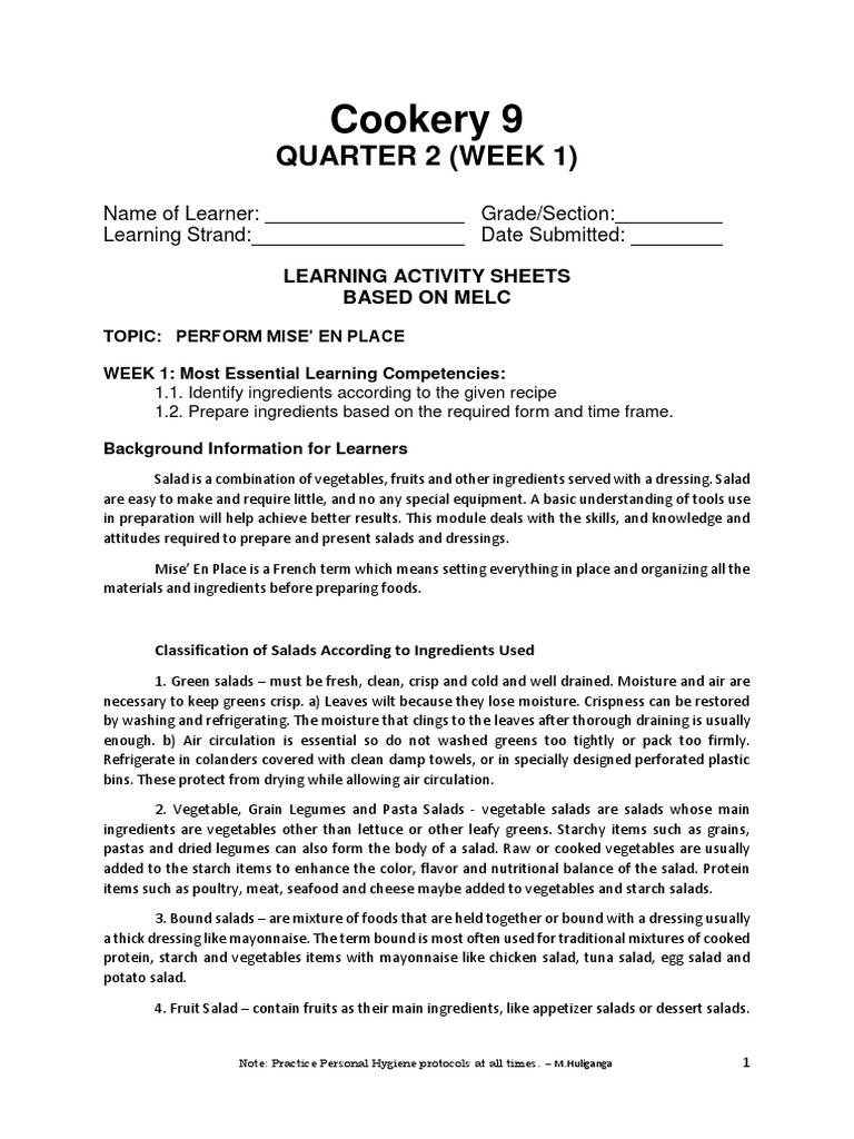 Las Cookery 9 QTR2 Week 1 - Melc | PDF | Salad | Cooking