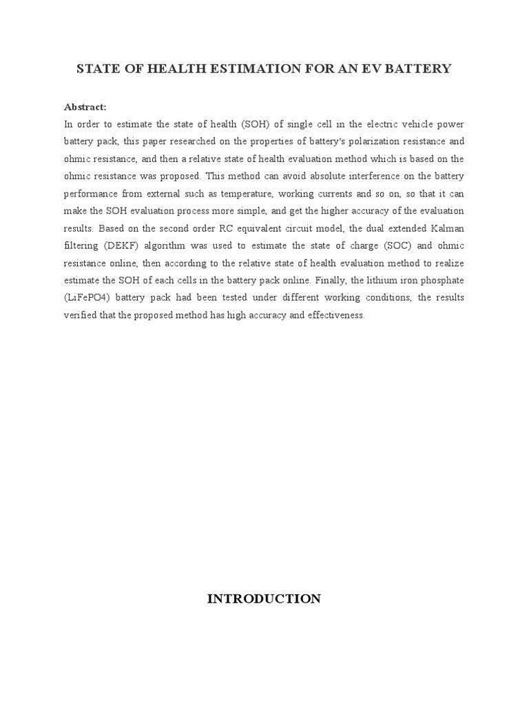 State of Health Estimation For An EV Battery | PDF | Kalman Filter ...