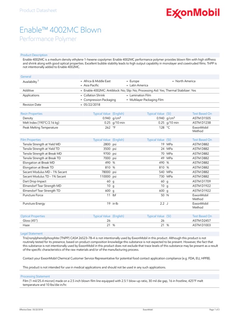 Enable™ 4002MC Blown: Performance Polymer | PDF | Pascal (Unit ...