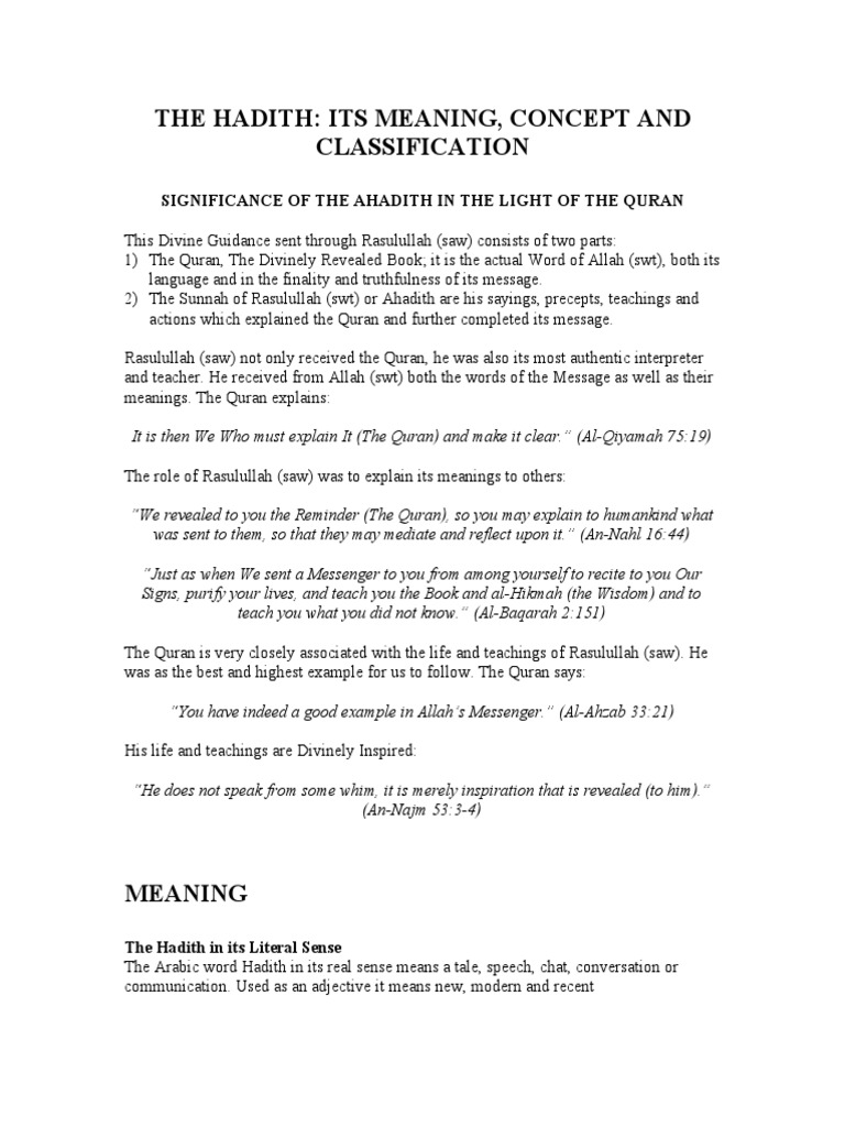 The Hadith: Its Meaning, Concept and Classification: Significance of ...