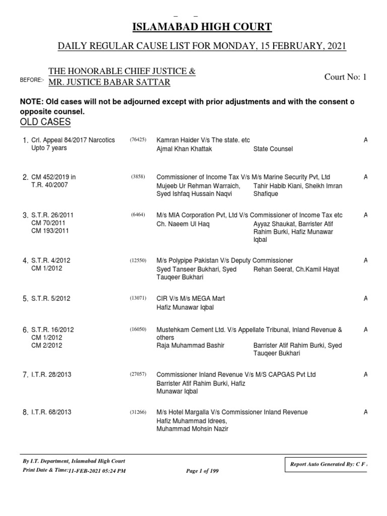 Islamabad High Court Cause List 2021 | PDF | Government Of Pakistan ...