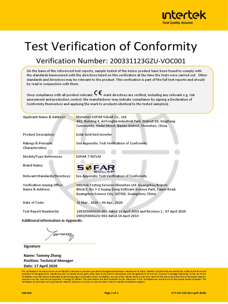 Test Verification of Conformity | PDF | Photovoltaic System ...