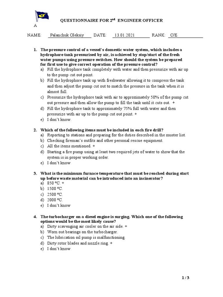 Engine Officers Questionnaire Revised 23 Sept | PDF | Turbocharger ...
