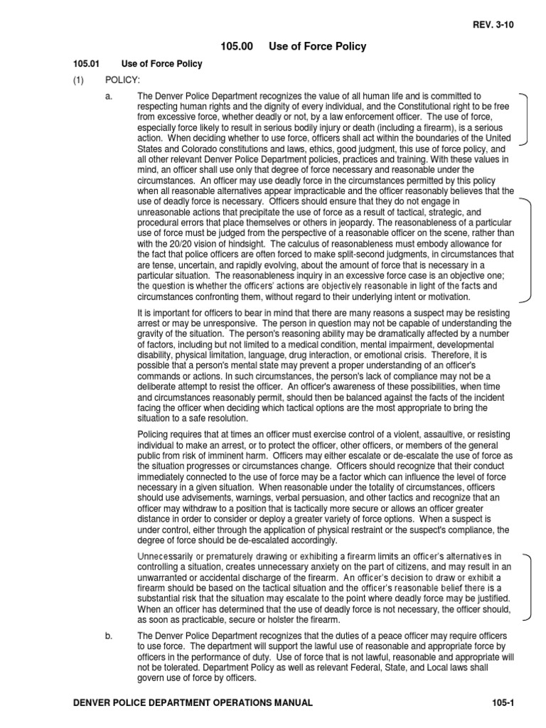 Denver Police Department Use of Force Policy | PDF | Use Of Force | Deadly Force