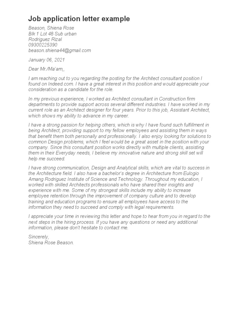 Job Application Letter Example | PDF