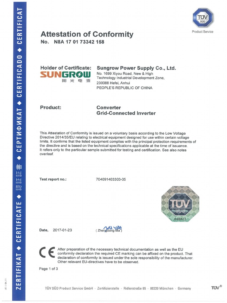 SG60KTL CE-LVD Certificate | PDF