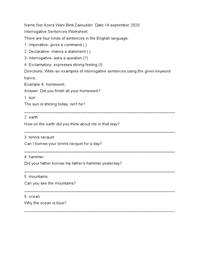 Interrogative Sentences Worksheet | PDF
