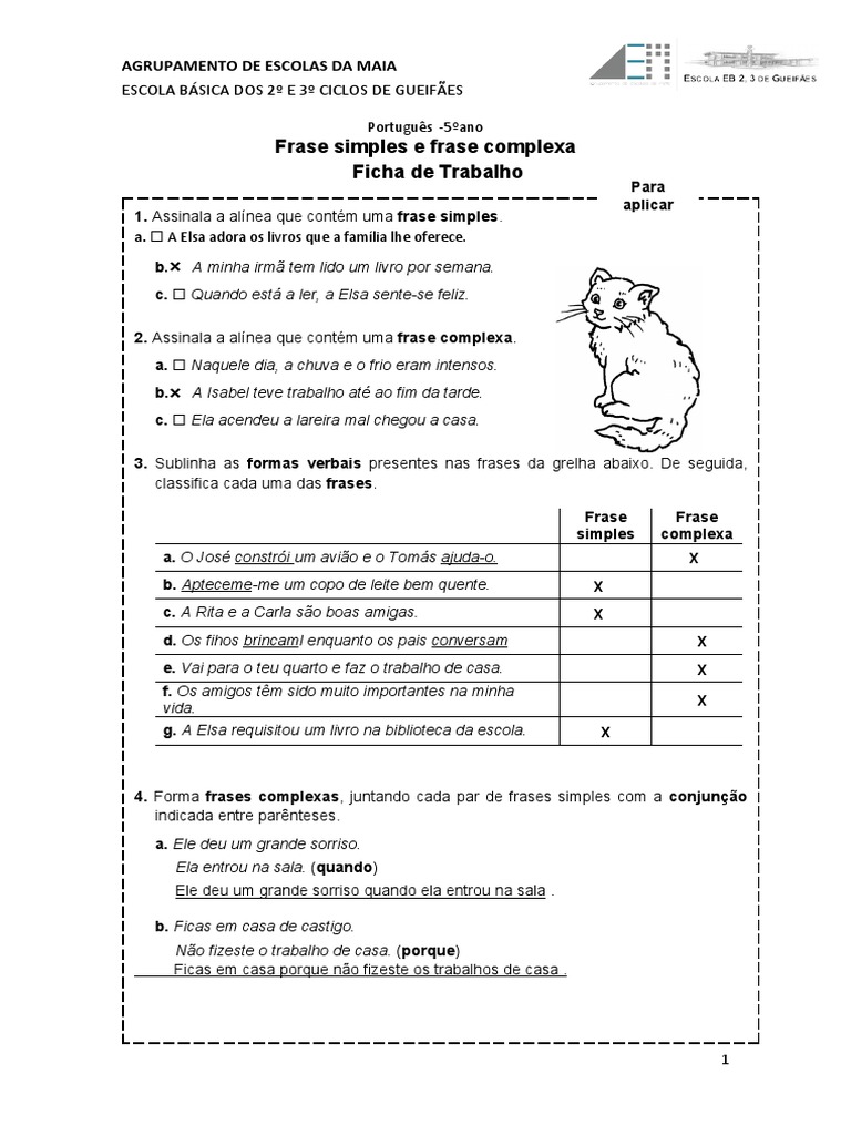 Goncalo Paiva - Ficha de Trabalho 1 - Frase Simples e Frase Complexa (1 ...
